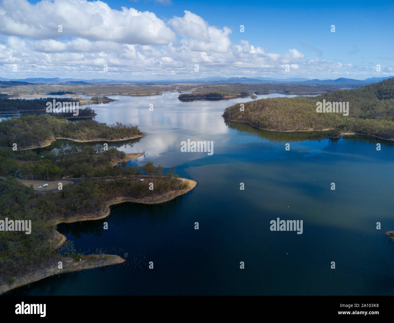 Aerial of Lake Monduran created by the Fred Haigh Dam on the Kolan ...
