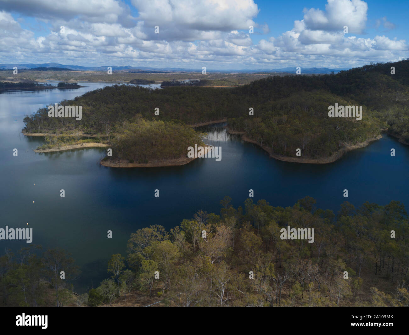 Aerial of Lake Monduran created by the Fred Haigh Dam on the Kolan ...