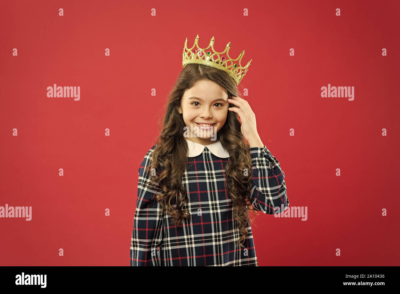 Girl wear crown red background. Monarch family concept. Princess ...