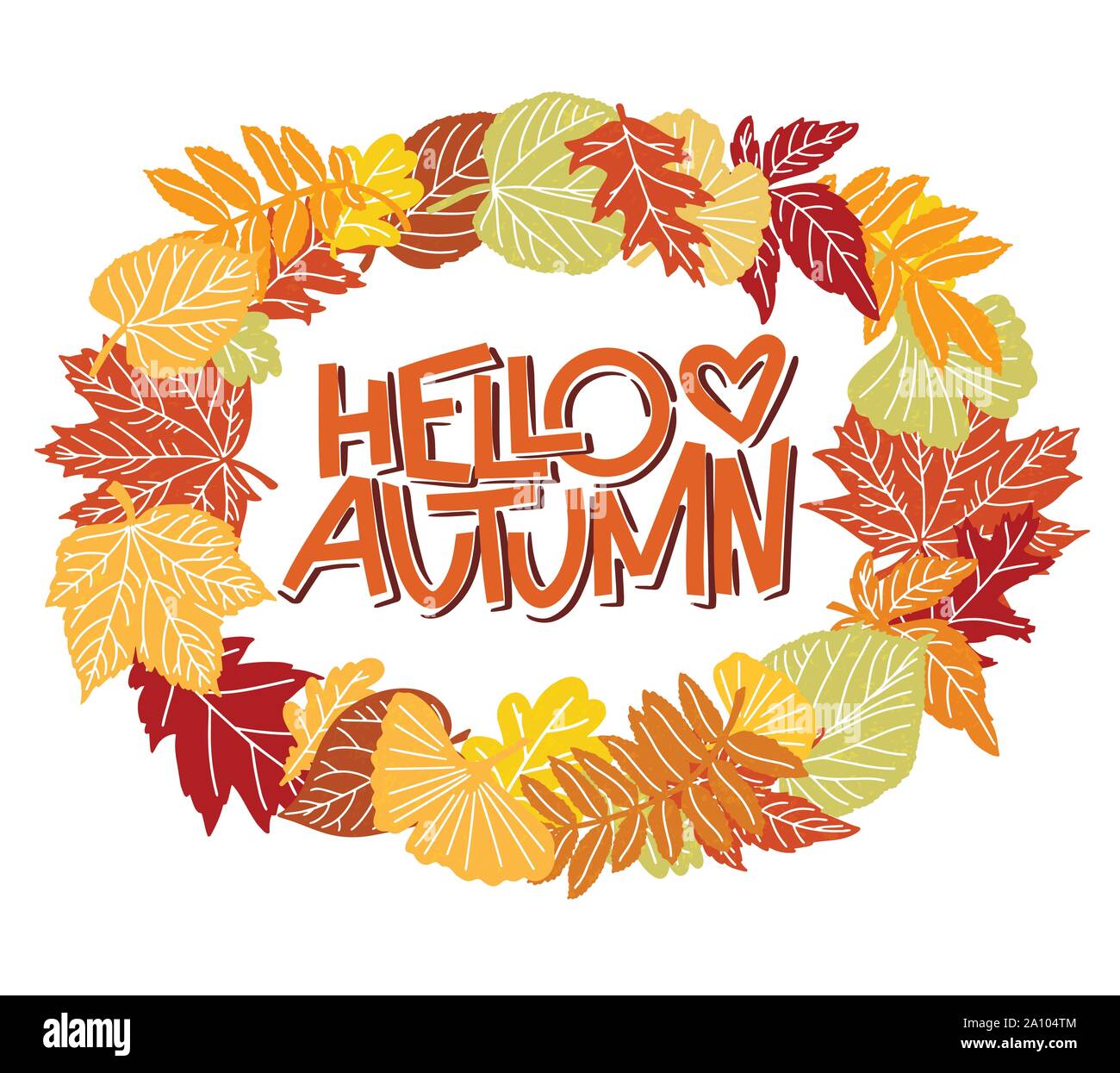 Hello Autumn colorful sans serif lettering in autumn leaves wreath ...