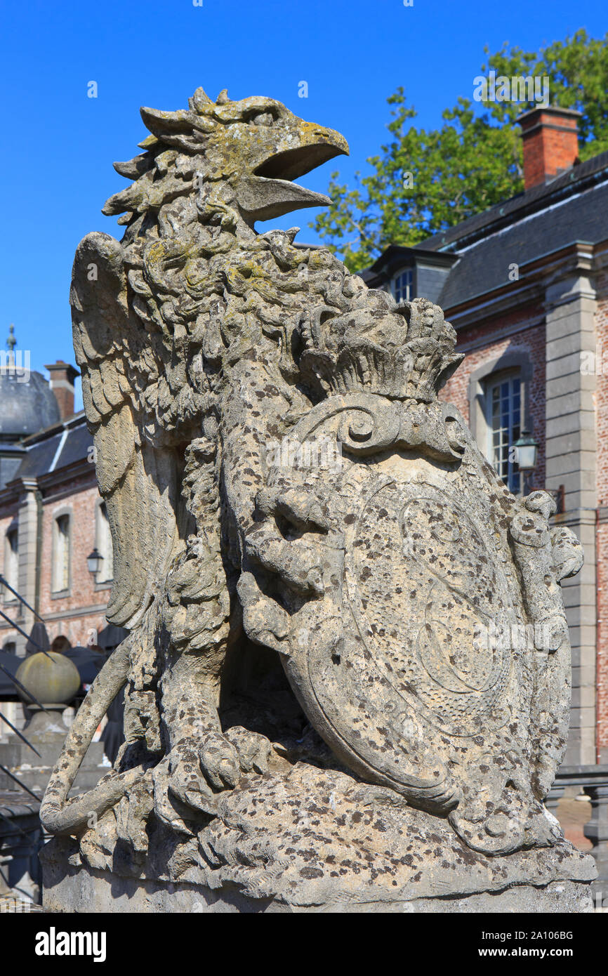 Statue of an eagle holding the coat of arms of the Prince de Ligne at ...