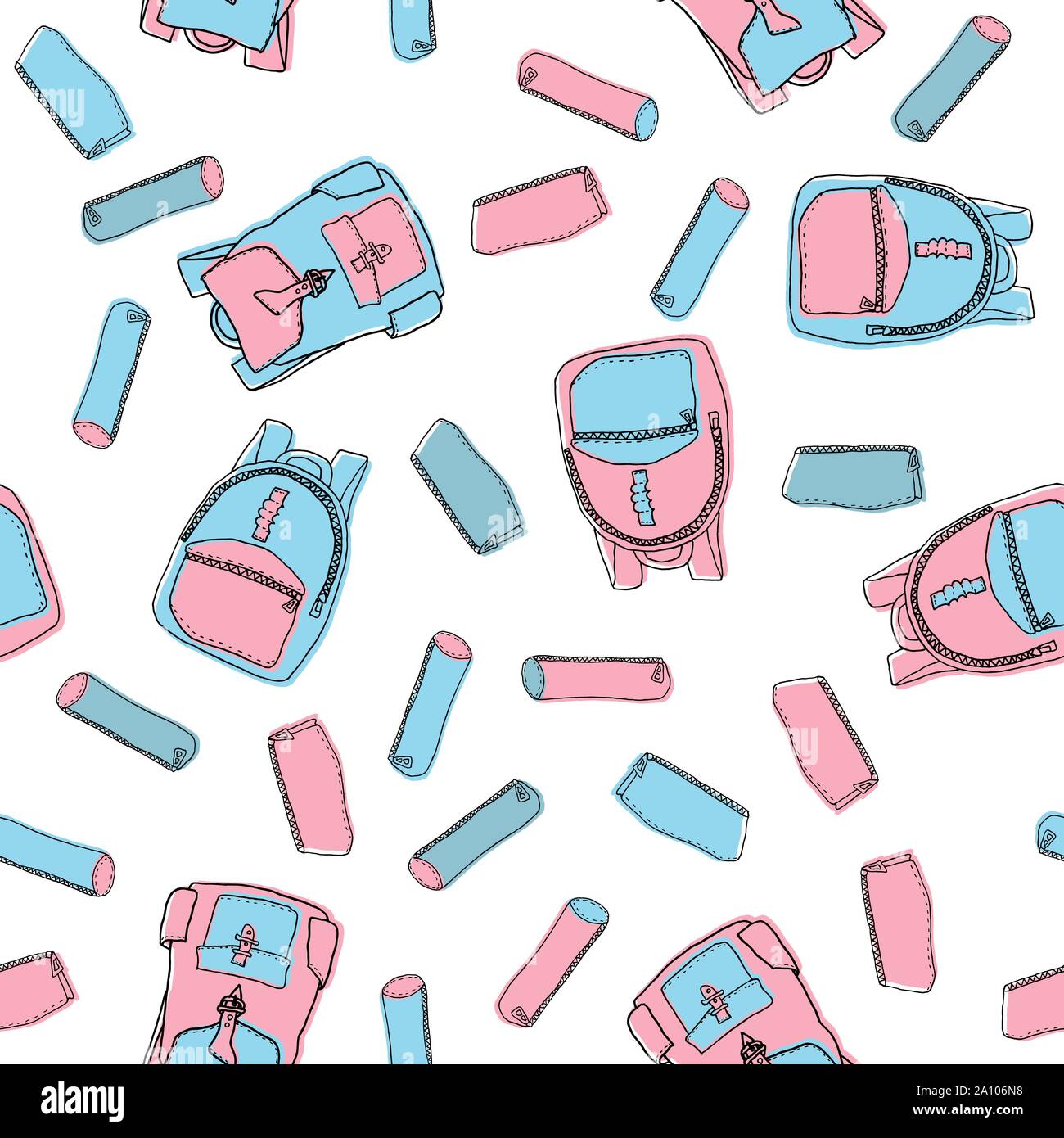 Pastel colored hand drawn seamless pattern made of backpacks and pencil ...