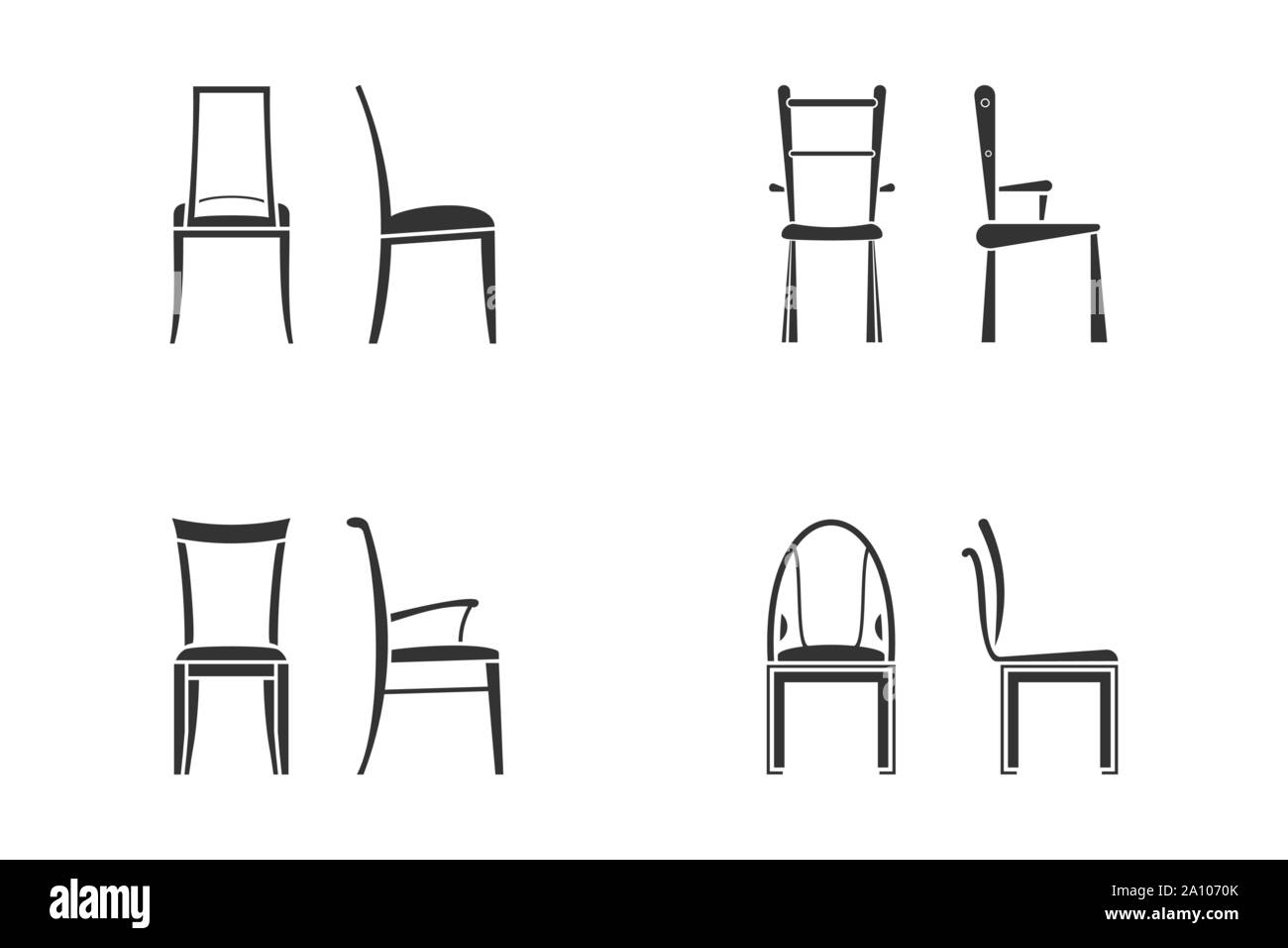 Black and white chair icon set for kitchen room. Front view and side ...