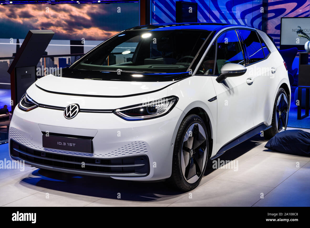 FRANKFURT, GERMANY - SEPT 2019: white VOLKSWAGEN VW I.D.3 first is a ...