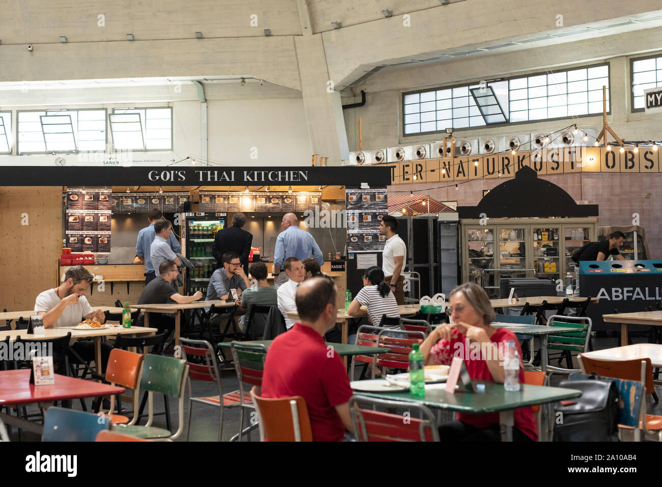 A Thai food stand inside the Markthalle, an international food market ...