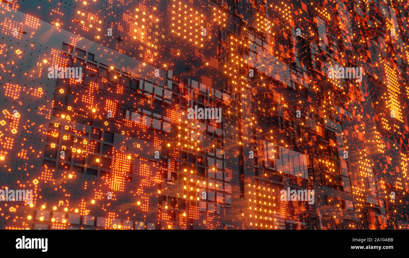 Abstract futuristic design. Tech wall with red bright elements. DOF ...