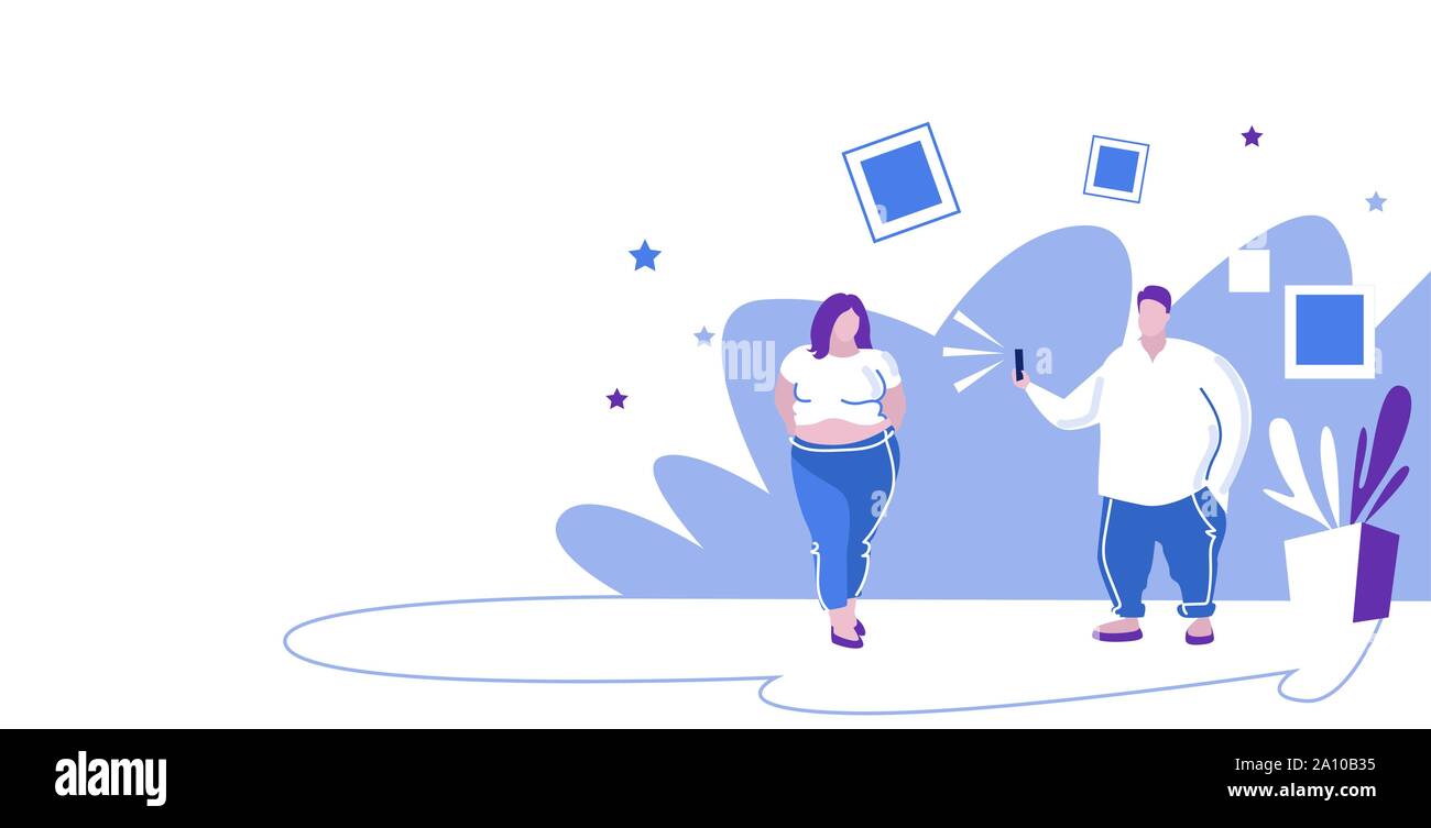 fat man using smartphone taking photo of obese overweight woman model ...