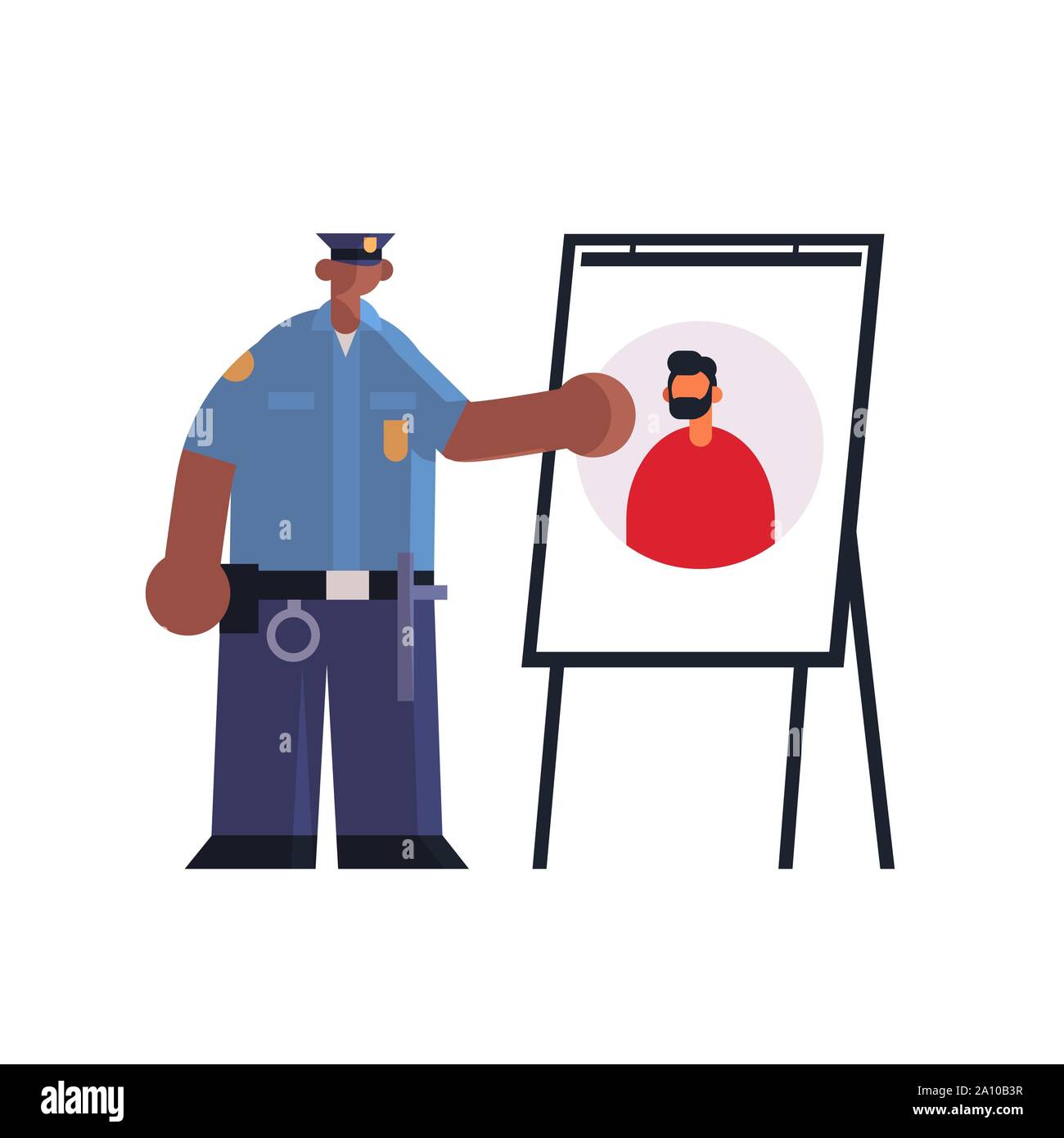 male police officer presenting information board with thief photo ...