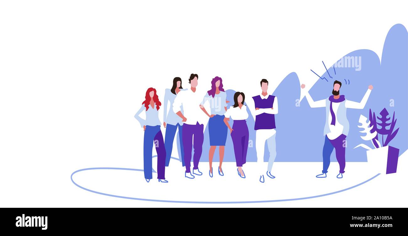 unsatisfied businessman boss screaming on frustrated workers group bad ...