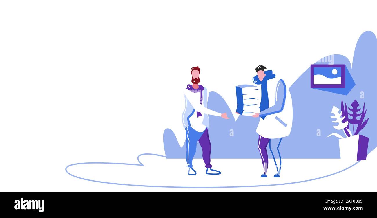 businessman boss carrying stack of paper documents to overworked ...