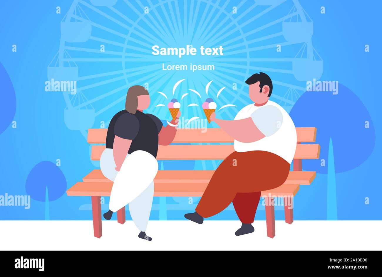 fat obese couple sitting on wooden bench eating ice cream overweight ...