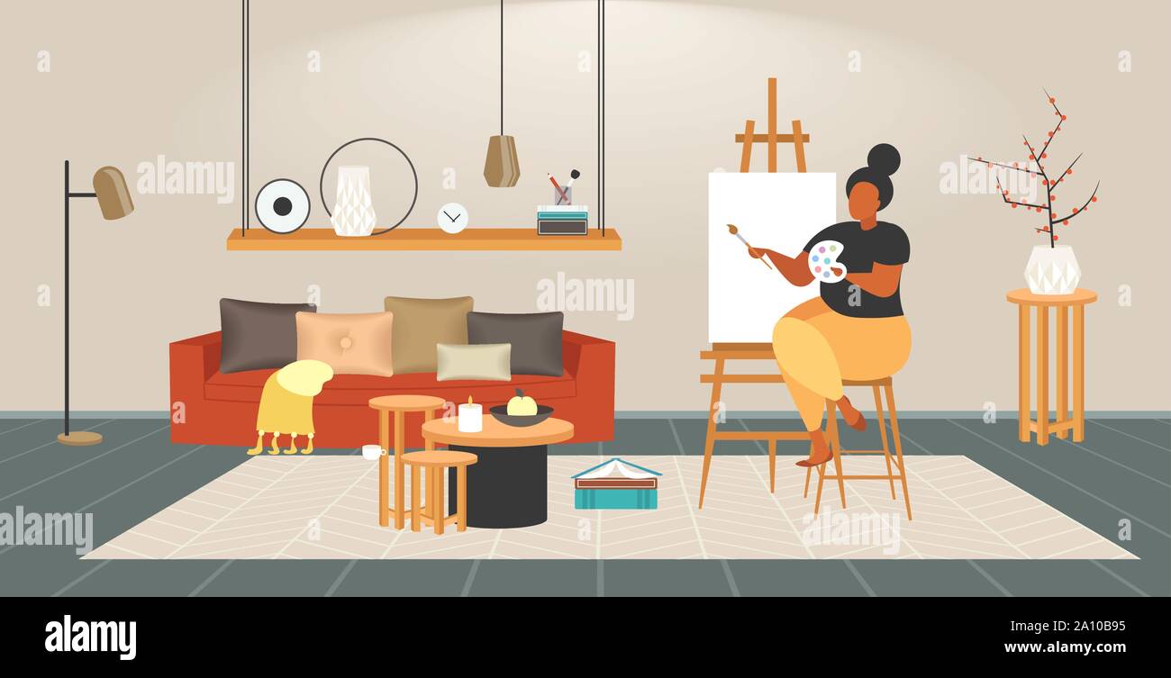 fat obese woman painter using paintbrush and palette overweight girl ...