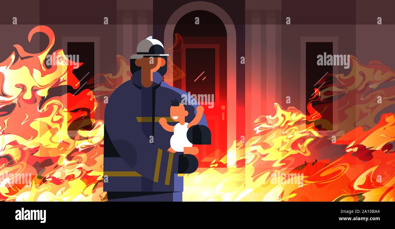 brave fireman rescuing little child firefighter in uniform and helmet ...