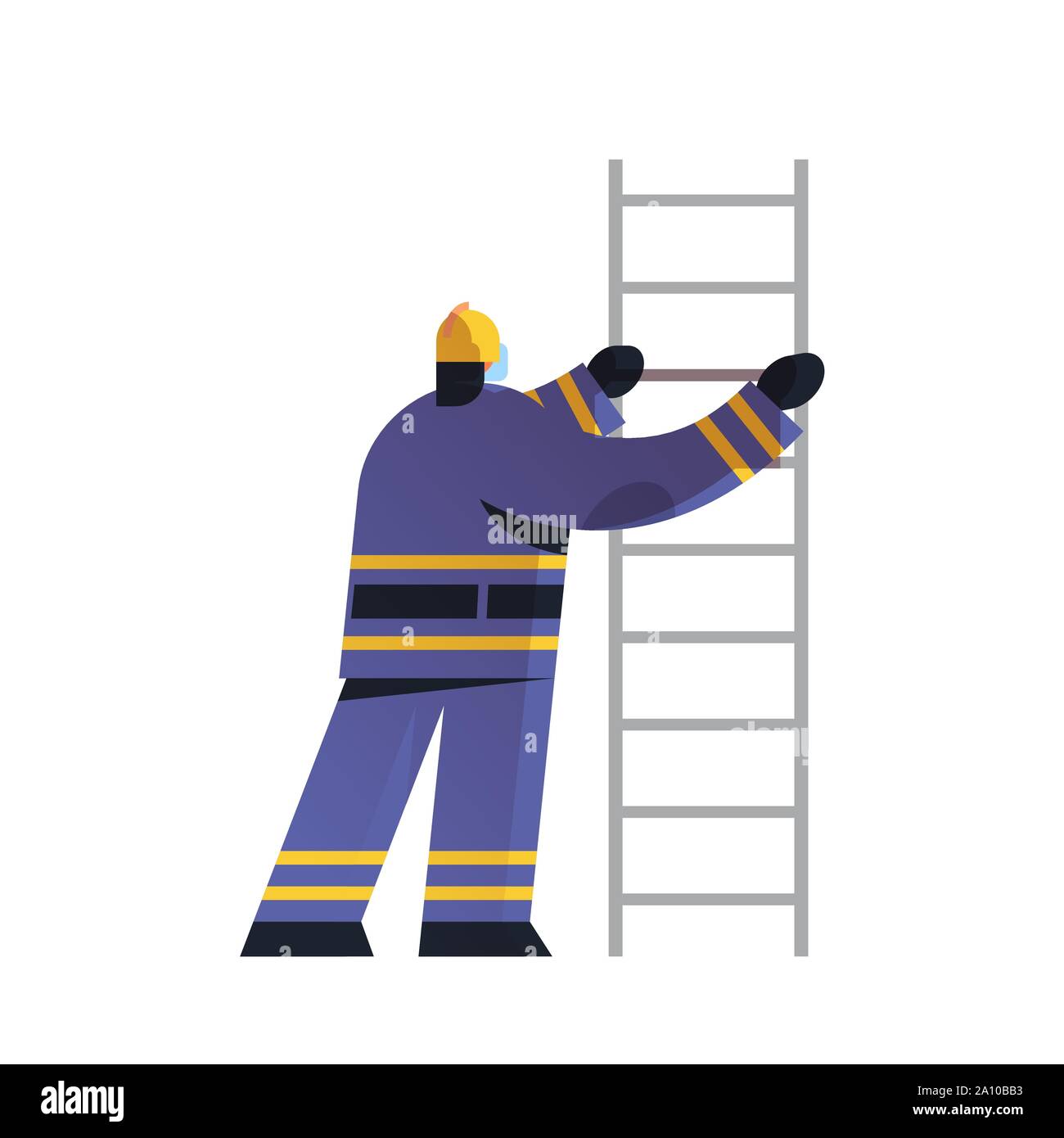 brave fireman climbing ladder firefighter wearing uniform and helmet firefighting emergency ...