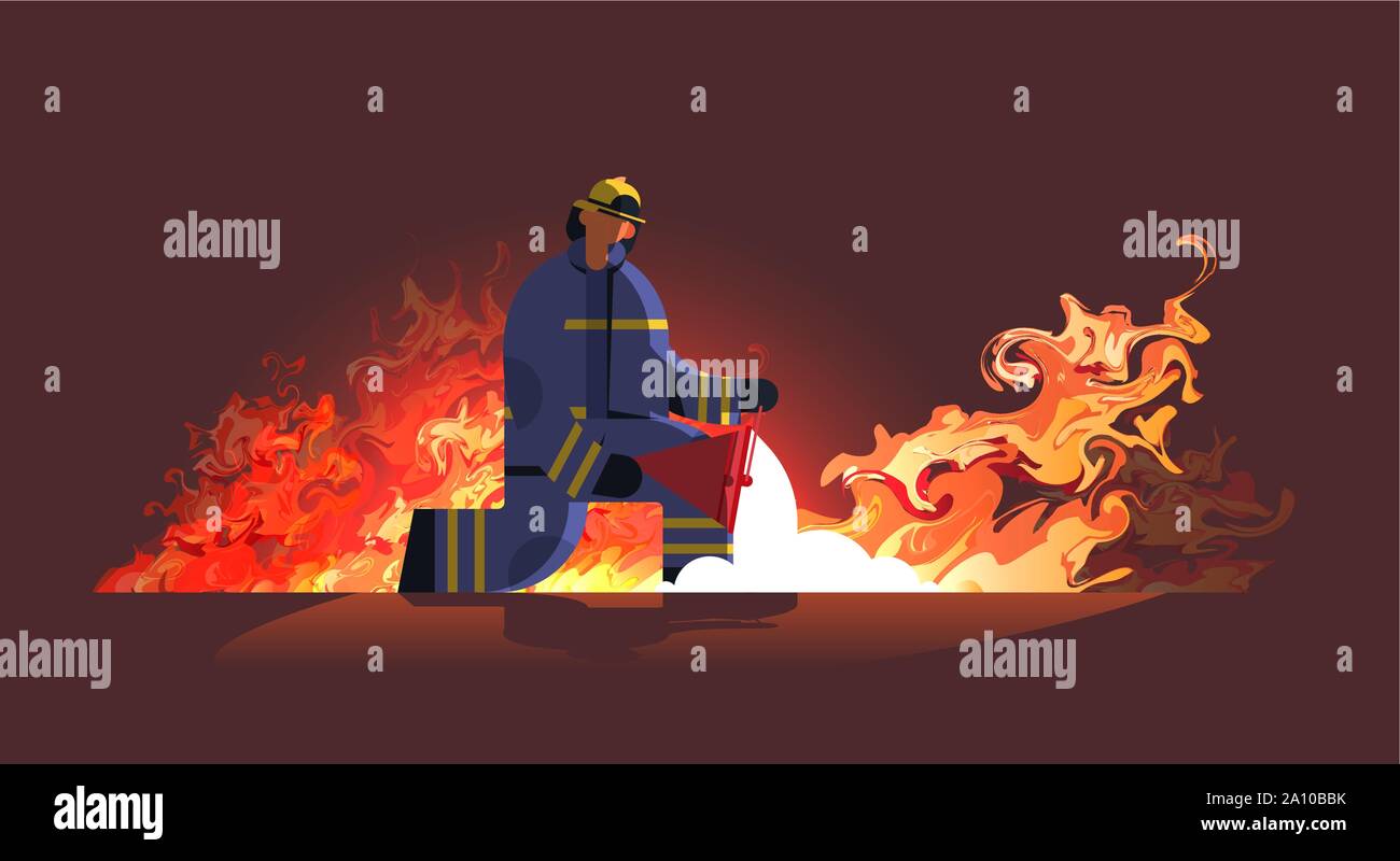 brave fireman holding red buckets with sand firefighter extinguishing ...