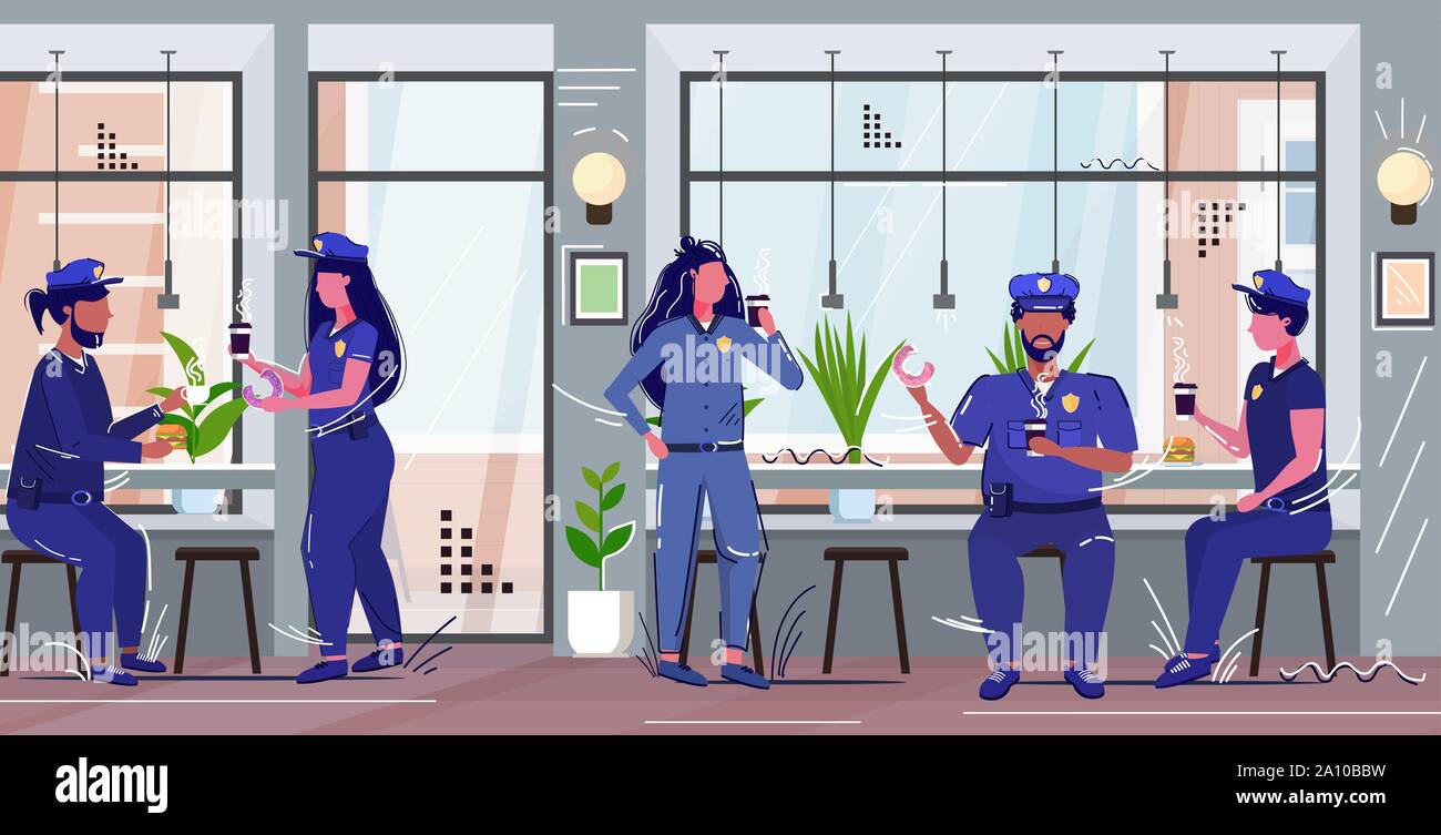 police officers eating donuts drinking coffee policemen and policewomen ...