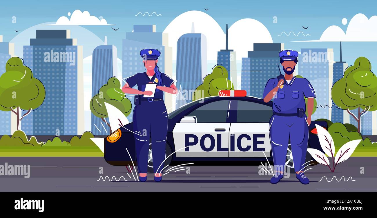 policeman using walkie-talkie policewoman writing fine report mix race ...