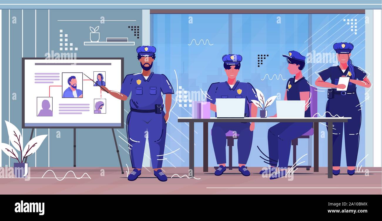 police officer presenting to colleagues information board with thief ...