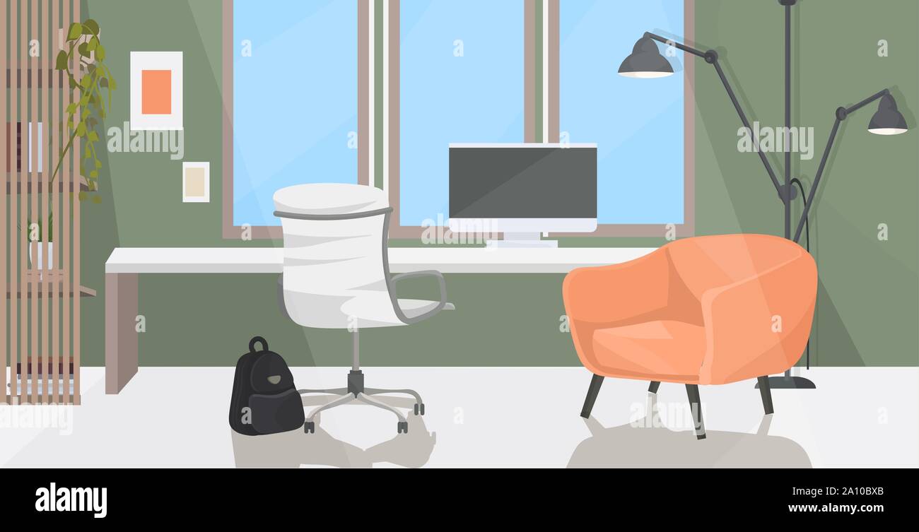 stylish workplace with computer monitor modern cabinet interior empty ...