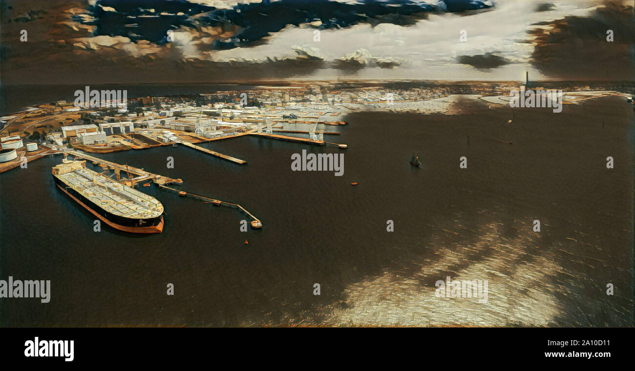 Aerial panoramic landscape of oil tanker moored at industrial port ...