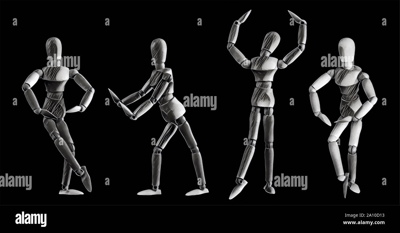 Set of wooden dancers stylized in black and white digital artwork Stock ...
