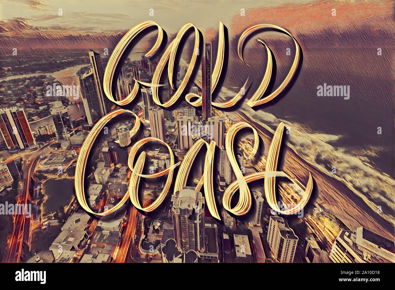 Glold Coast lettering written over Surfers Paradise skyline - digital ...