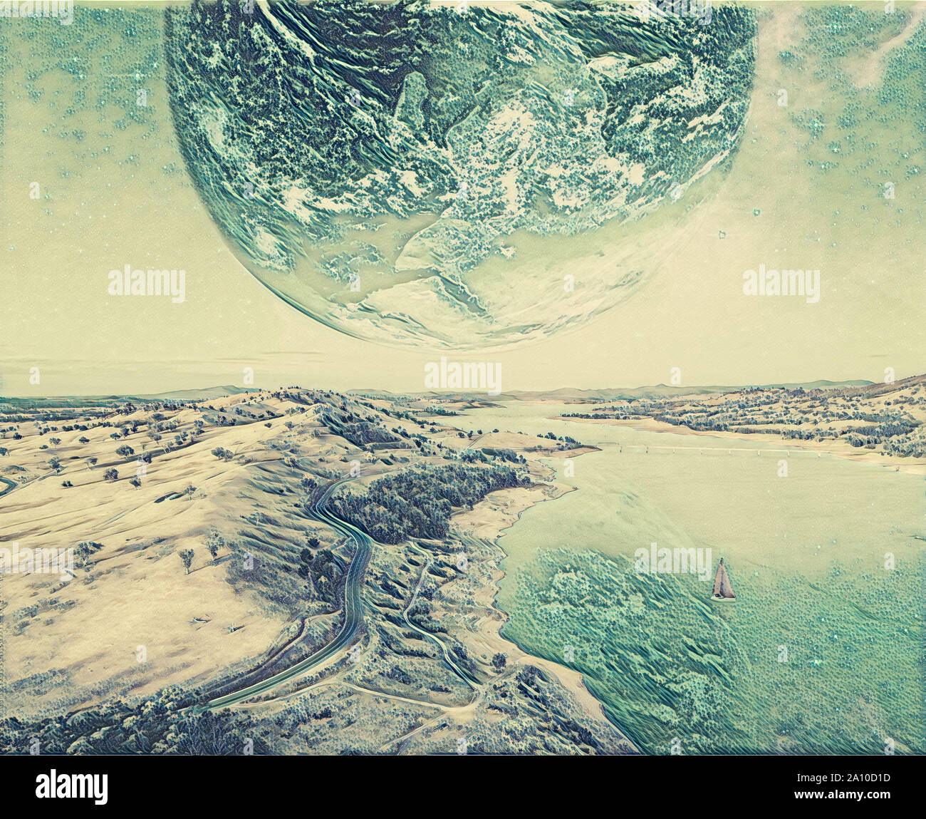Unreal landscape of sailboat sailing across a river on alien planet ...