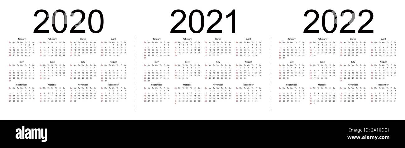 Simple editable vector calendars for year 2020 2021 2022. Week starts ...