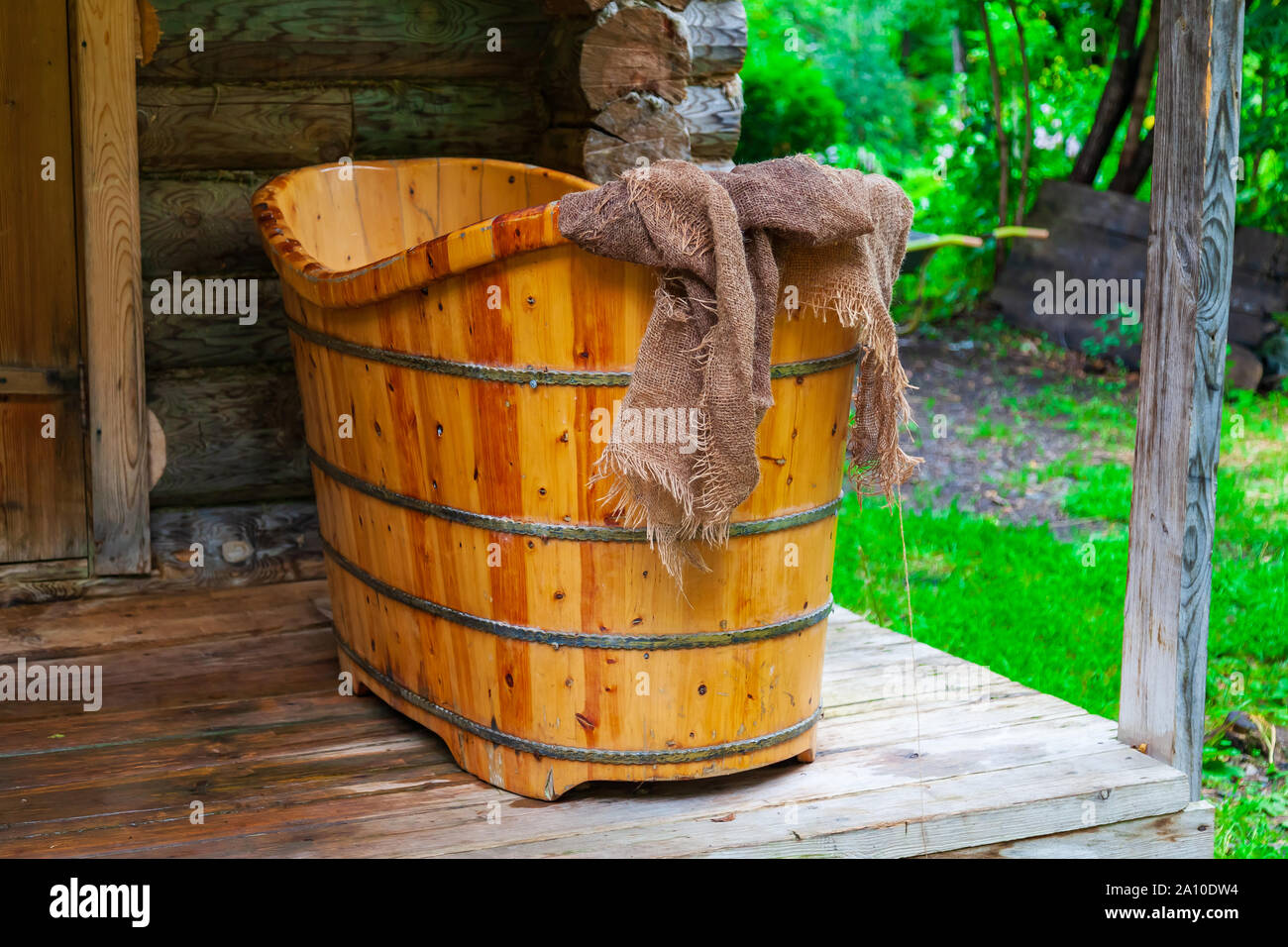 Old Russian bath made by hand from a tree for washing and relaxing in ...