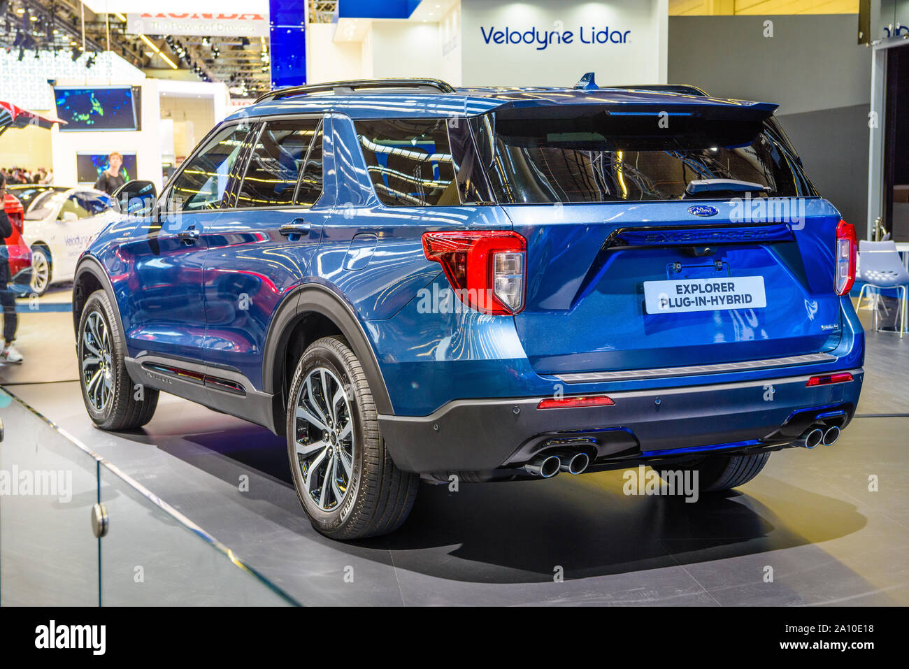 FRANKFURT, GERMANY - SEPT 2019: blue FORD EXPLORER plug-in-hybrid SUV ...