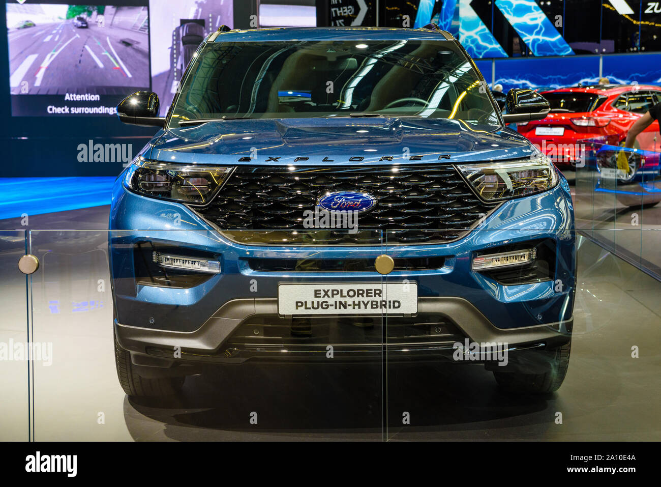 FRANKFURT, GERMANY - SEPT 2019: blue FORD EXPLORER plug-in-hybrid SUV ...