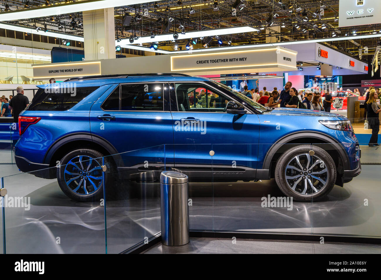 FRANKFURT, GERMANY - SEPT 2019: blue FORD EXPLORER plug-in-hybrid SUV ...