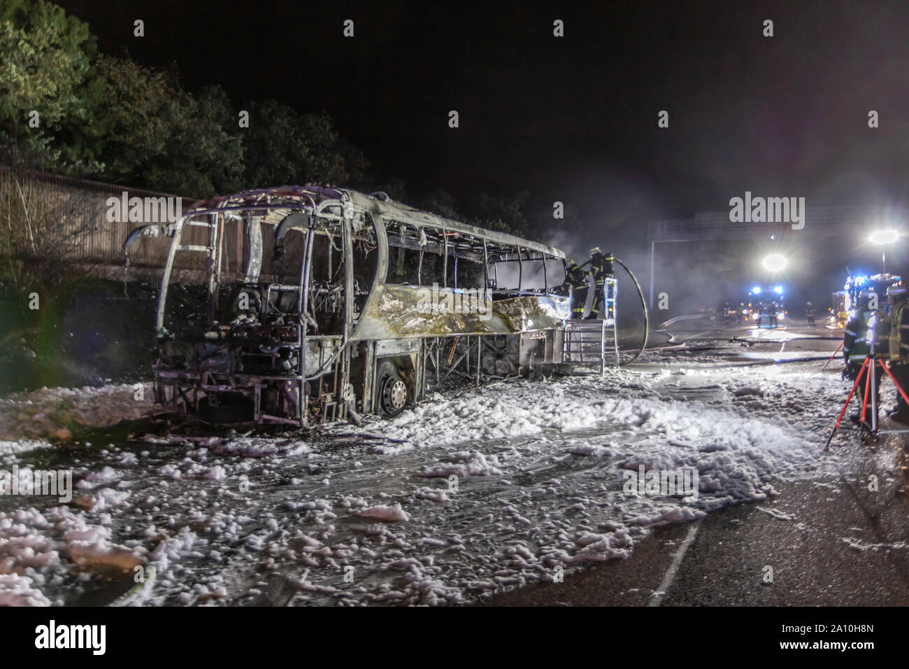 Pforzheim, Germany. 23rd Sep, 2019. The wreck of a coach on the A8 ...