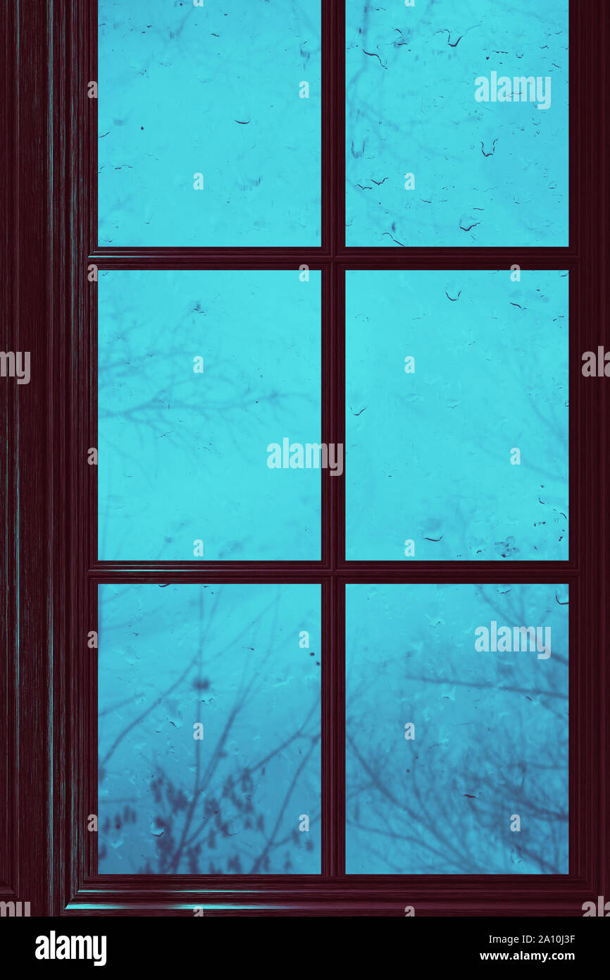 Grunge wooden window frame with drops of rain on the glass illustration ...