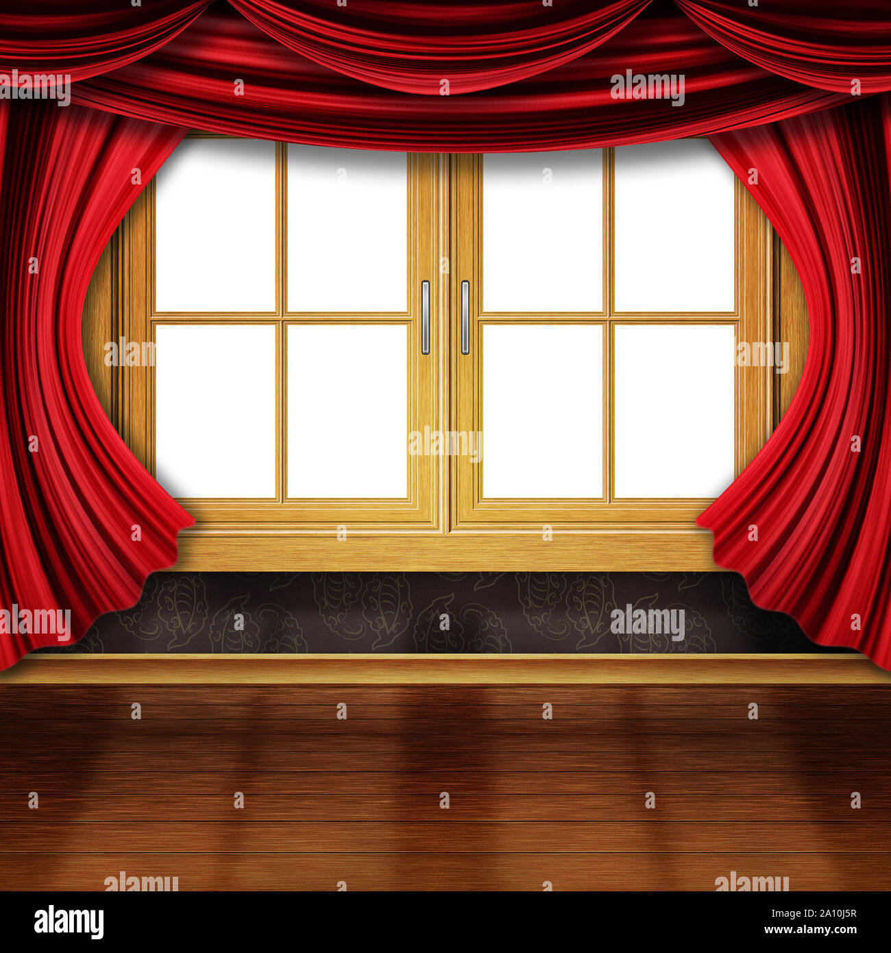 Grunge wooden window frame with decorative red curtain illustration ...