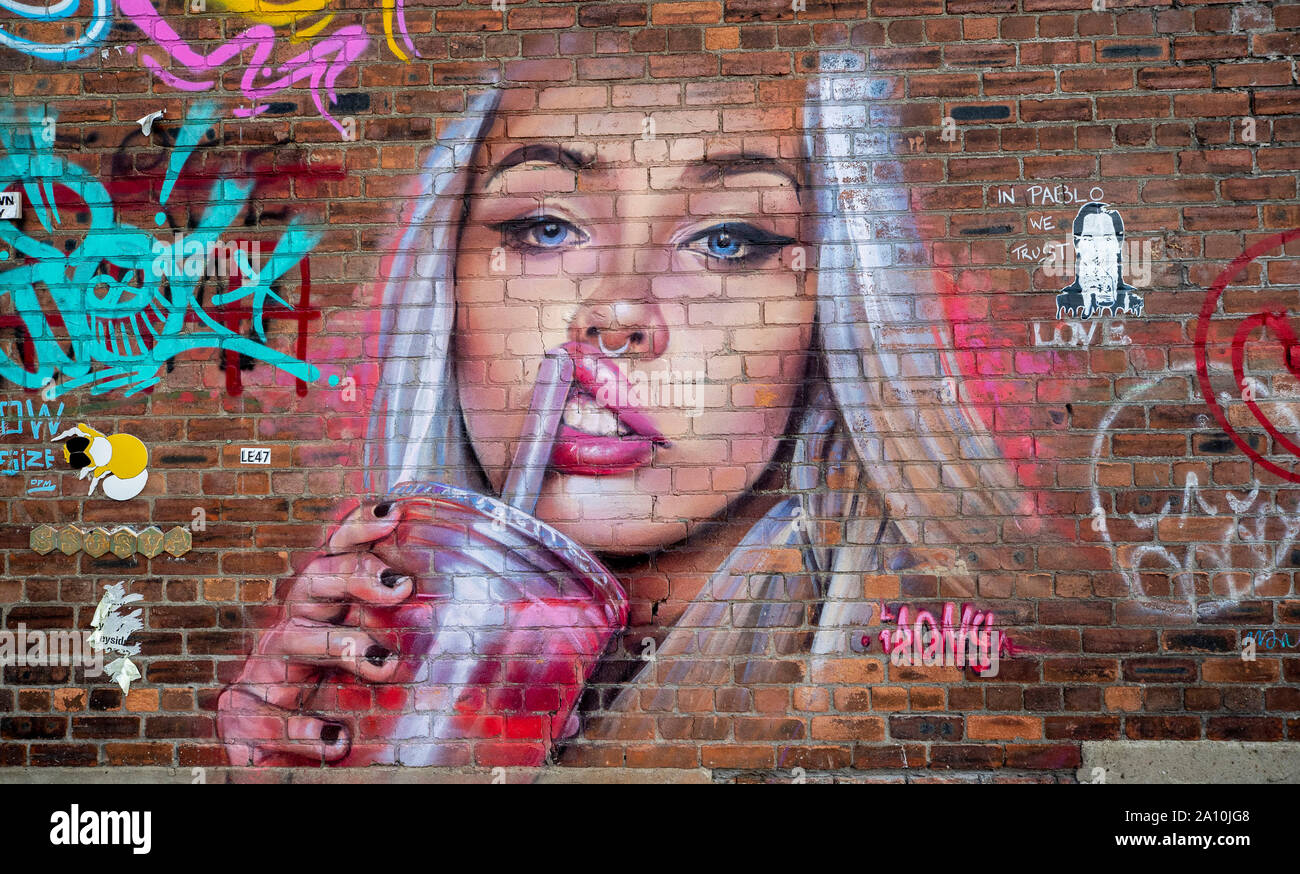 A large mural of a female face painted on the side of a building in the ...