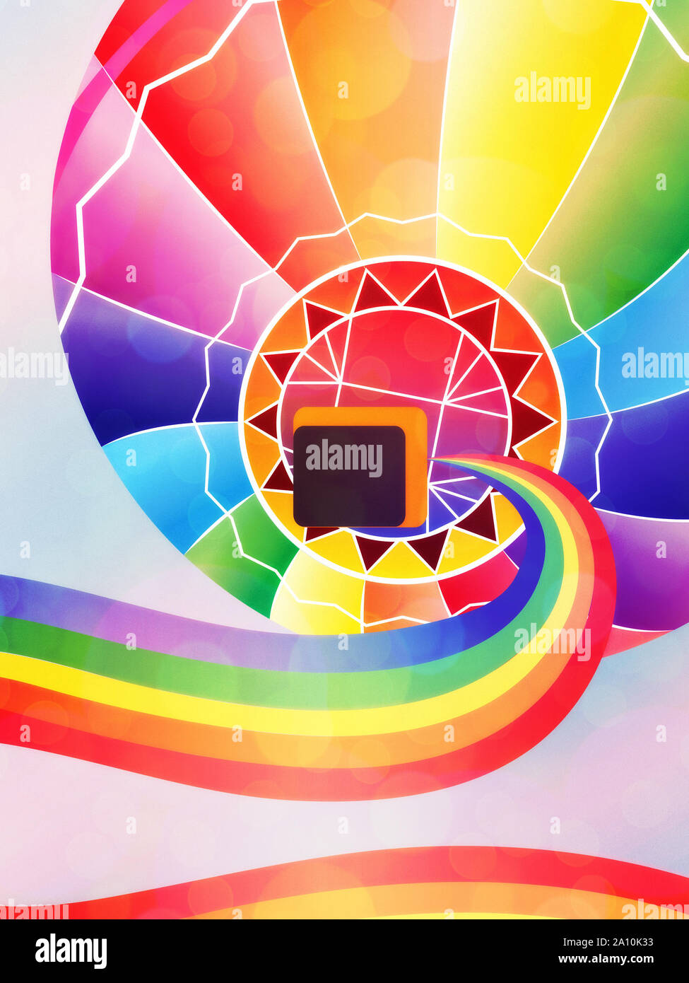 Bottom view of hot air balloon with rainbow in the sky Stock Photo - Alamy