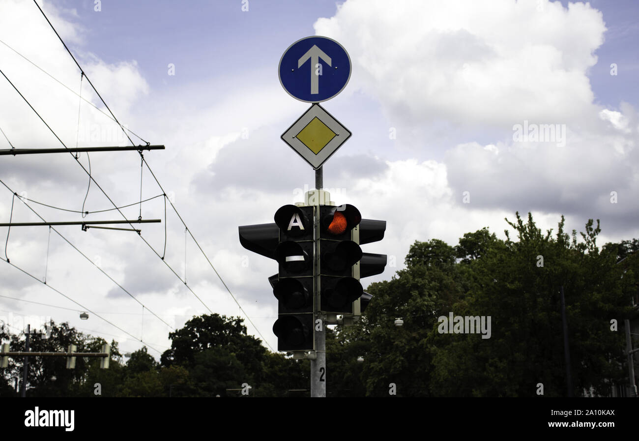 Traffic light in European city, signs and traffic, transport Stock ...