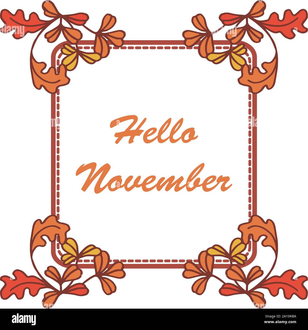 Design element of card hello november, with sketch autumn leaves frame ...