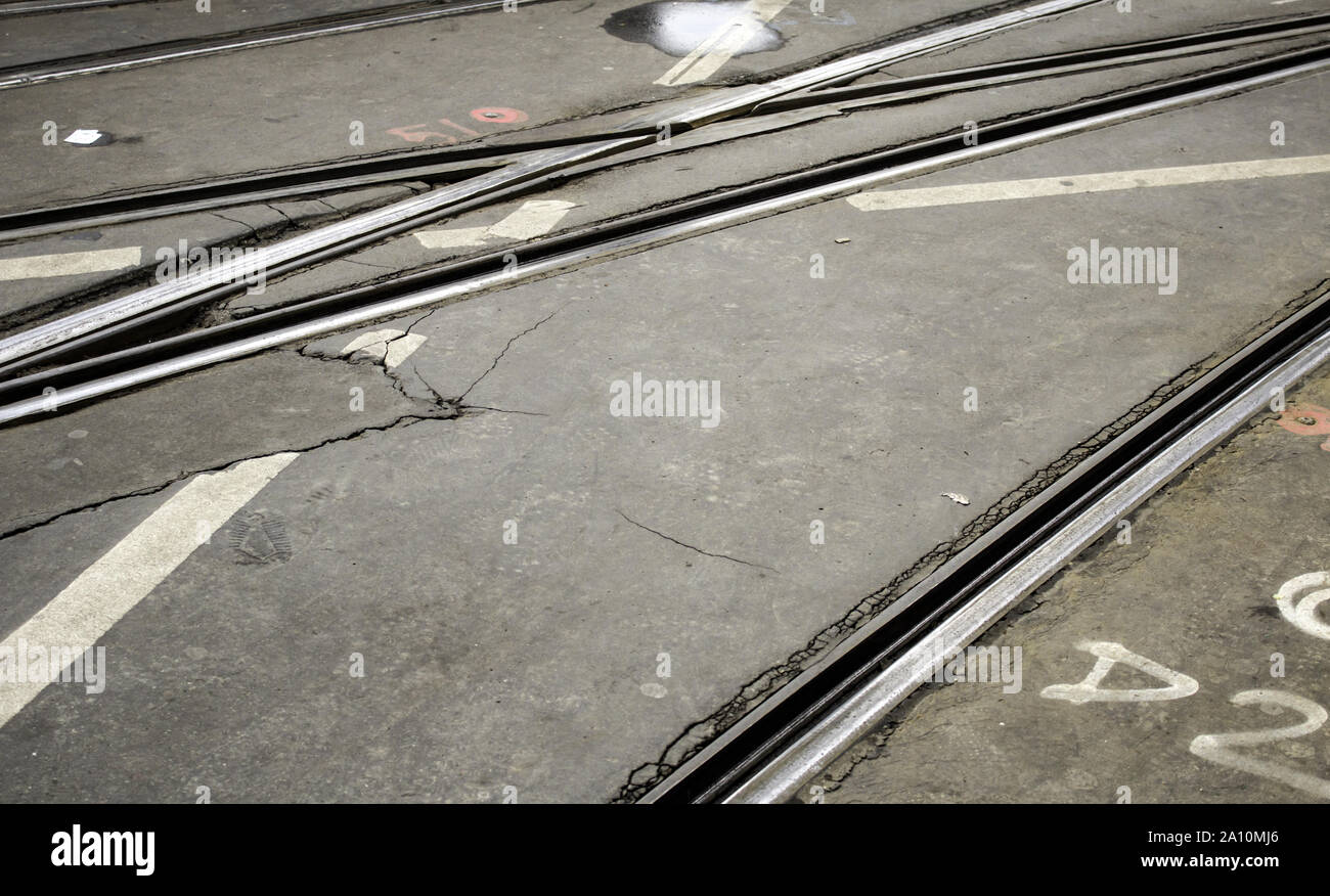 Tram lines in European city, transport and vehicles Stock Photo - Alamy