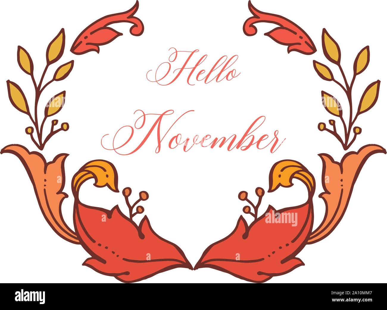 Template of card hello november, with autumn leaves frame on white ...