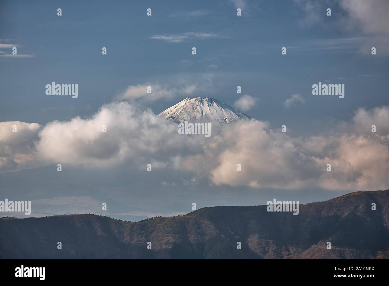The scenic view of Mount Fuji summit in the clouds from the Hakone ...