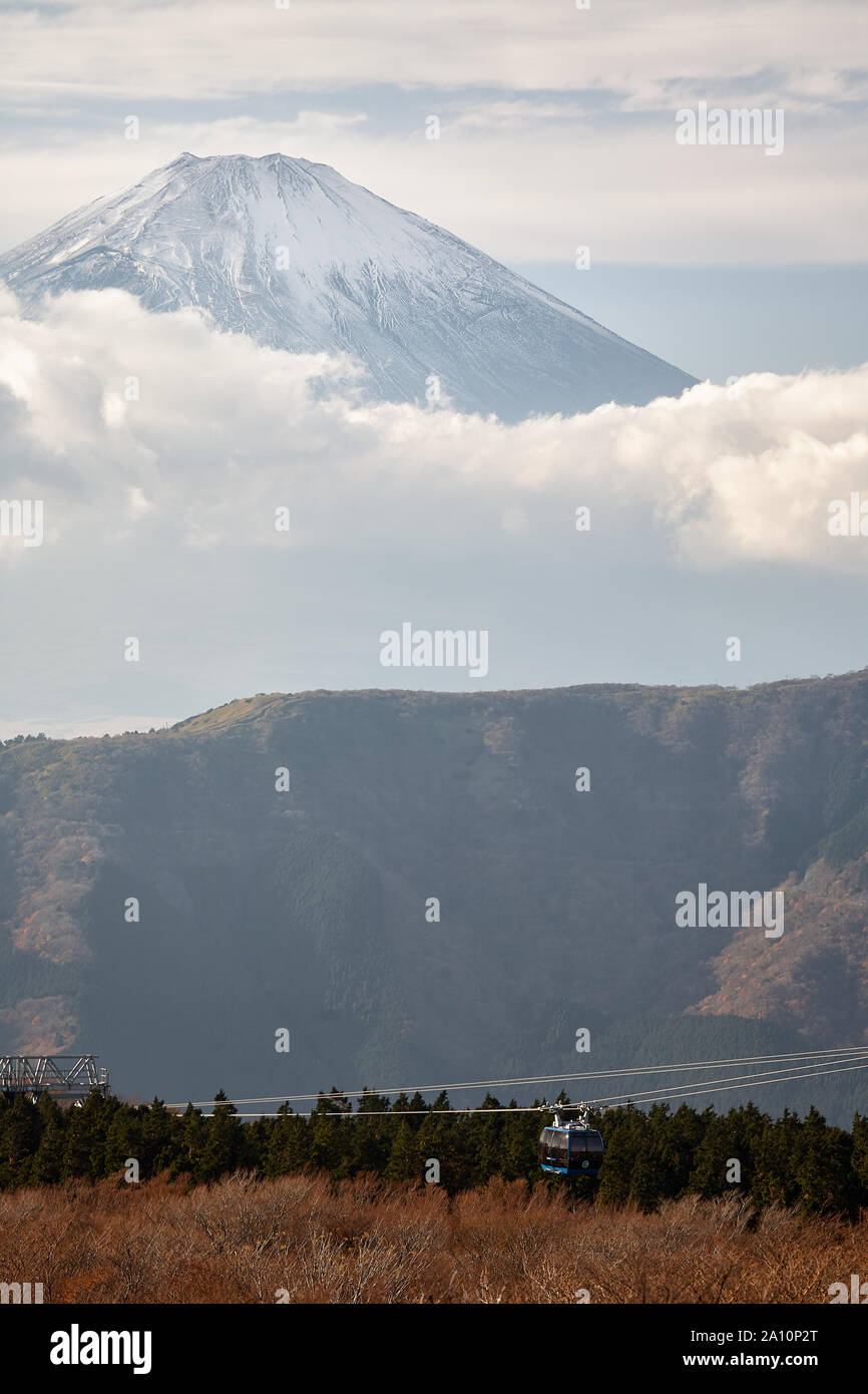 The scenic view of Mount Fuji summit in the clouds from the Hakone area ...