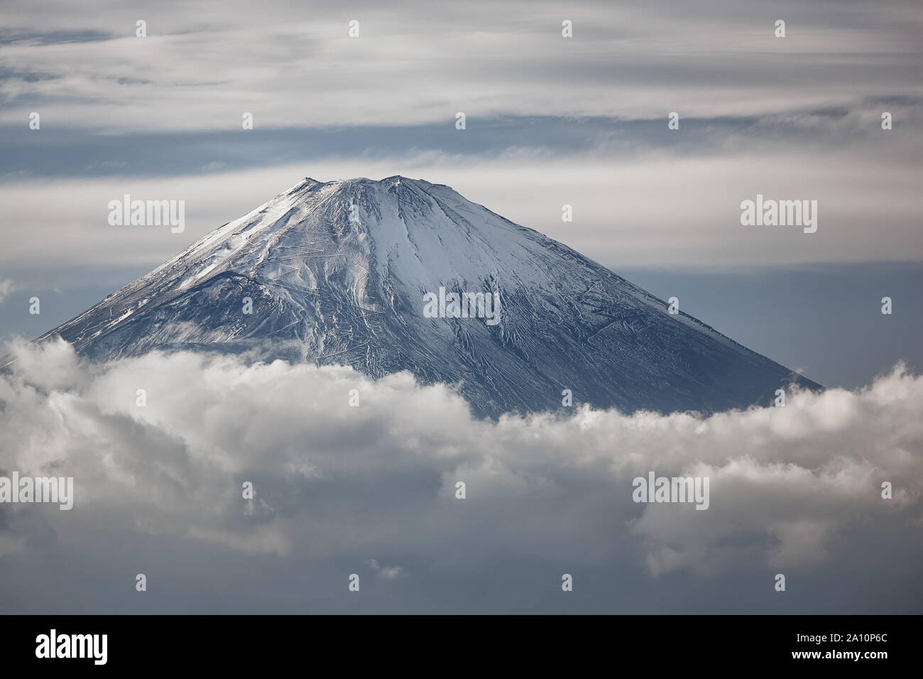 The scenic view of Mount Fuji summit in the clouds from the Hakone area ...
