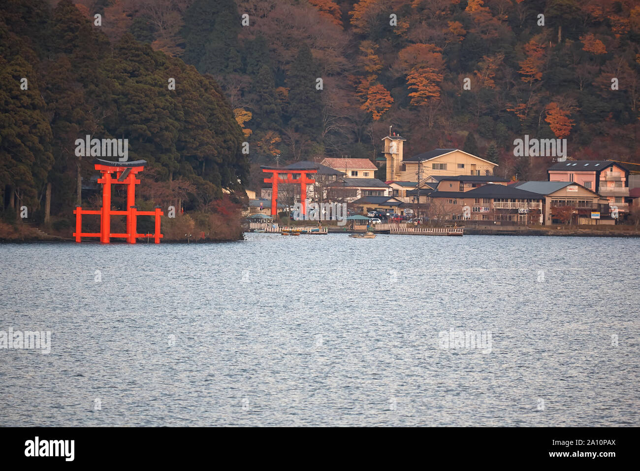 Torii gates of Hakone Shrine (Hakone Jinja) standing at the foot of ...