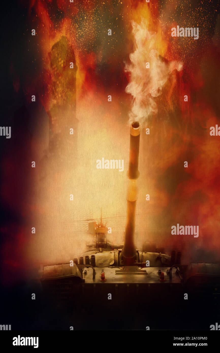 Retro army tank in the field of battle, military background Stock Photo ...