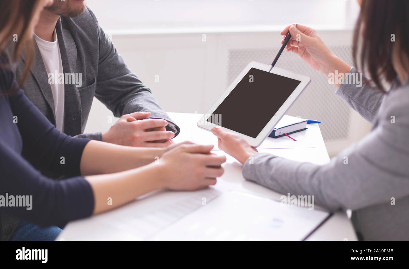 Expert explaining contract terms and advantages to new clients Stock ...