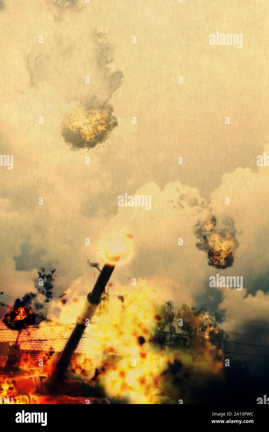 Retro army tank in the field of battle, military background Stock Photo ...