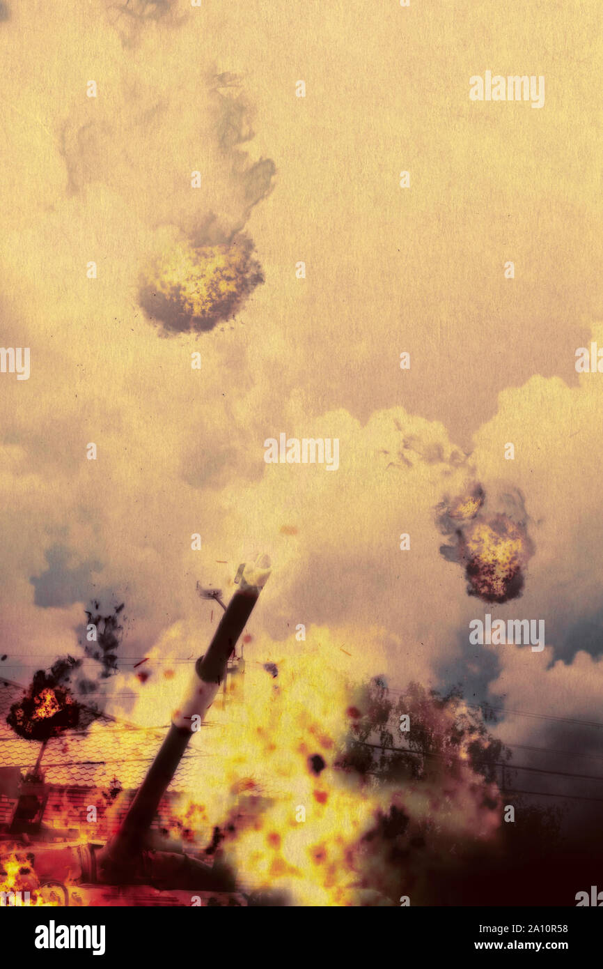 Retro army tank in the field of battle, military background Stock Photo ...