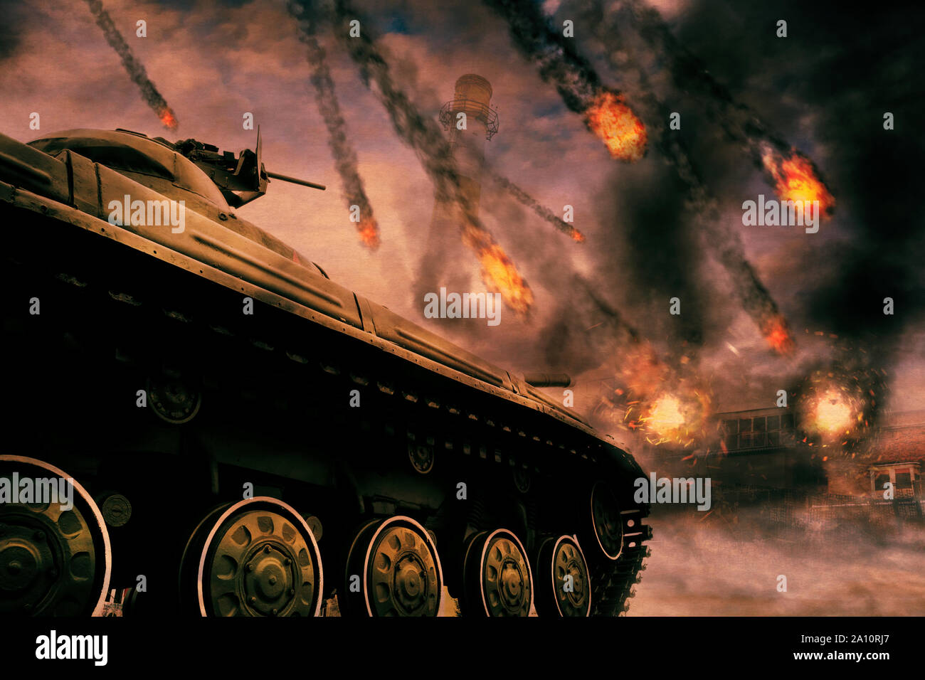 Retro army tank in the field of battle, military background Stock Photo ...